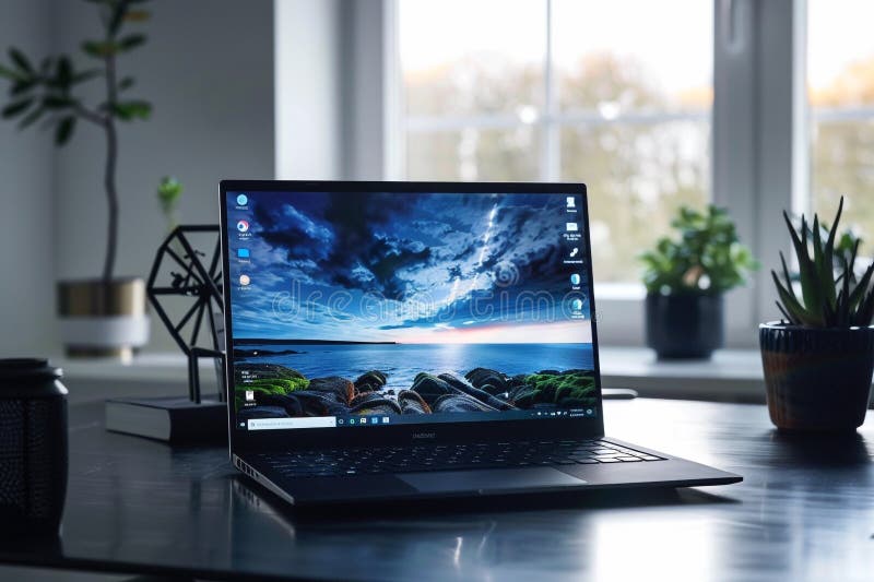 A Stylish Laptop on a Sleek Desk Stock Illustration - Illustration of ...