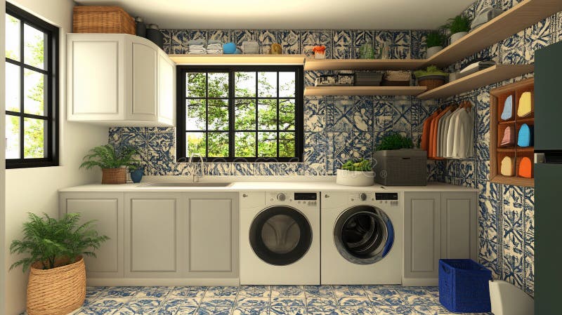 Stylish Laundry Room Design with Blue and White Tile Stock Image ...