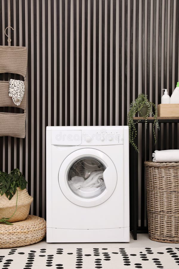 Stylish Laundry Room Interior with Washing Machine Stock Image - Image ...