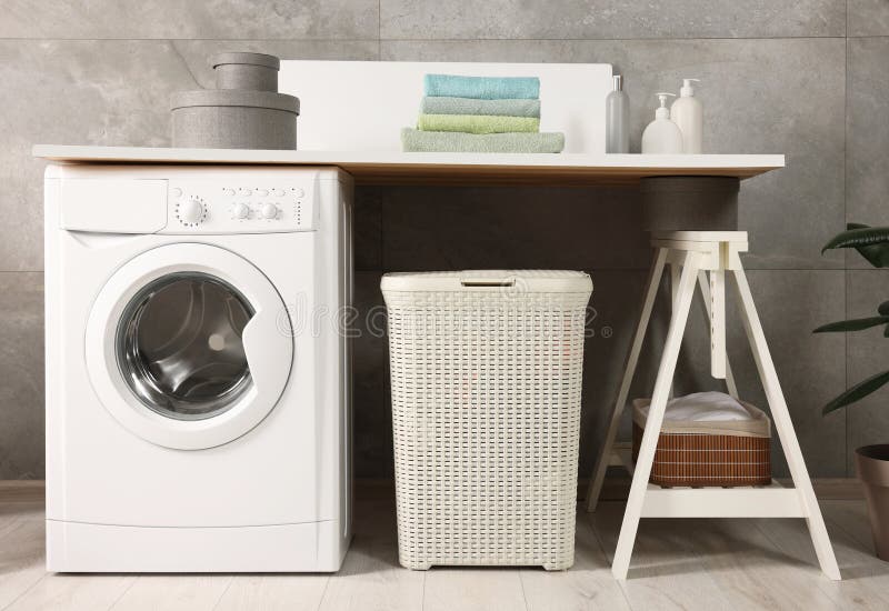 Stylish Laundry Room with Modern Washing Machine. Interior Design Stock ...