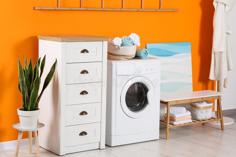 Stylish Laundry Room with Washing Machine. Interior Design Stock Image ...