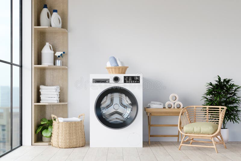 Stylish Laundry Setup with Modern Washing Machine and Cozy Seating Area ...