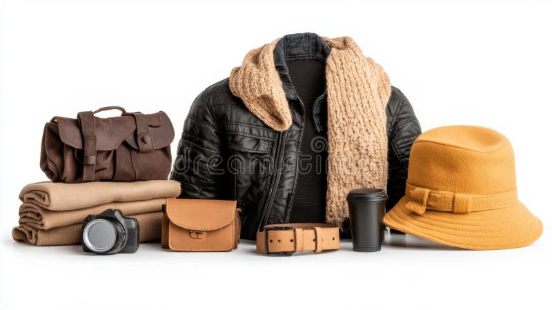 Stylish Leather Jacket and Accessories with Scarf Camera and Hat on ...