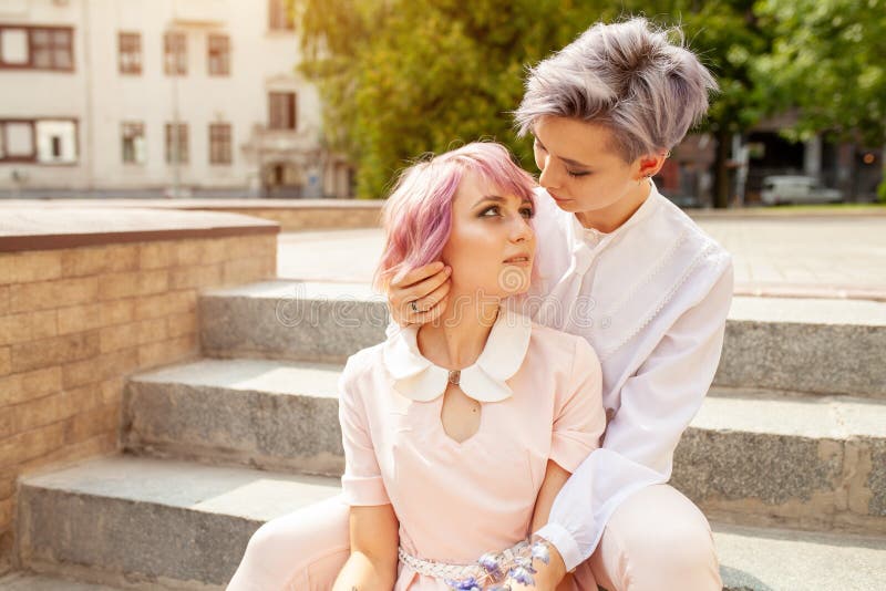Beautiful Lesbian Couple Hugging Love And Passion Between The Two