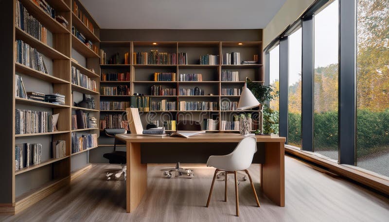 Stylish Library Interior with Bookshelf, Reading Space with Desk. Mock ...