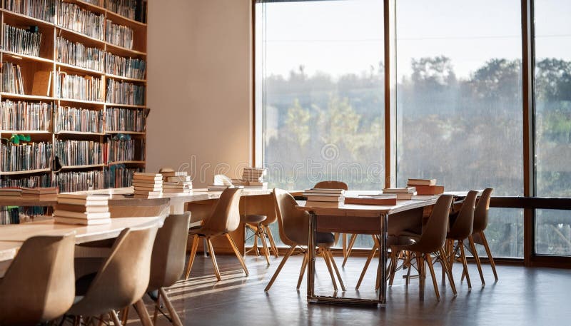 Stylish Library Interior with Work Tables in Row and Bookshelf ...