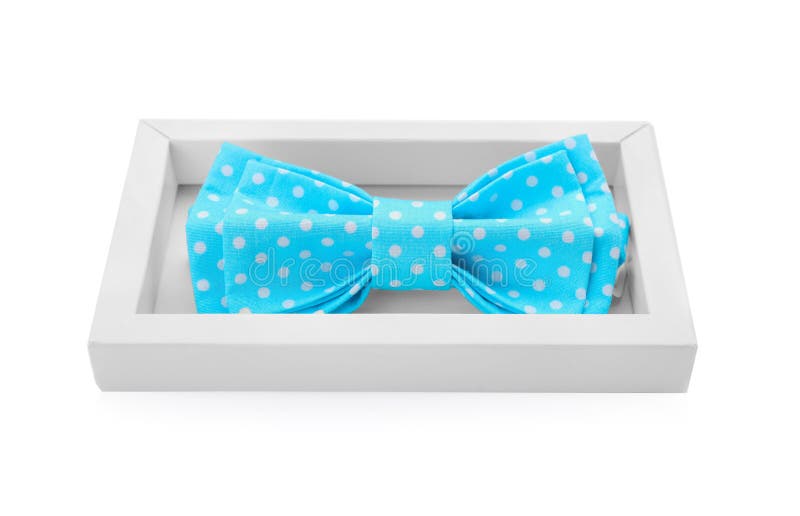 Stylish Light Blue Bow Tie with Polka Dot Pattern in Box on White ...