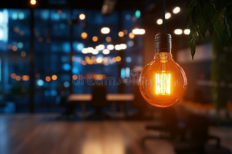 Stylish Light Bulb Illuminating a Modern Workspace in the Evening Stock ...