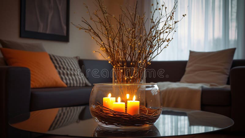 Stylish Light Room Interior with Comfortable Sofa and Burning Candles ...