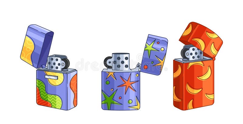 Stylish Lighters Displaying Vibrant Designs on White Background. Each ...