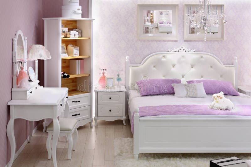 Stylish Lilac Bedroom with Double Bed Stock Image - Image of crystal ...