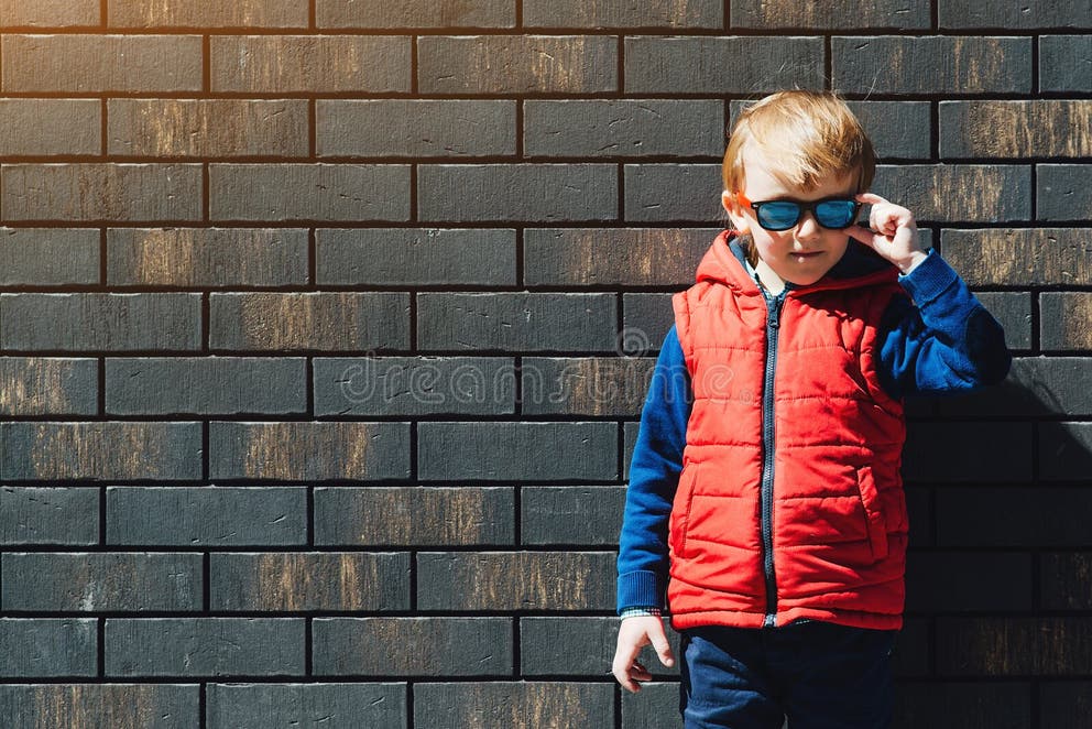 Stylish Little Boy in Red Jacket Outdoors. Stock Photo - Image of blond ...