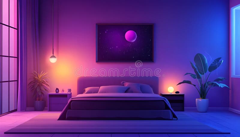 Stylish Living Room with Bed, Nightstand and Night Light Stock Image ...