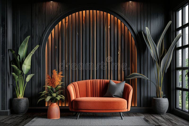 Stylish Living Room with Circular Wall Feature and Warm Lighting ...