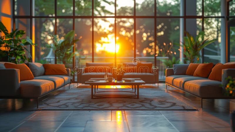 Modern Living Room with Sunset View through Large Windows in a Cozy ...