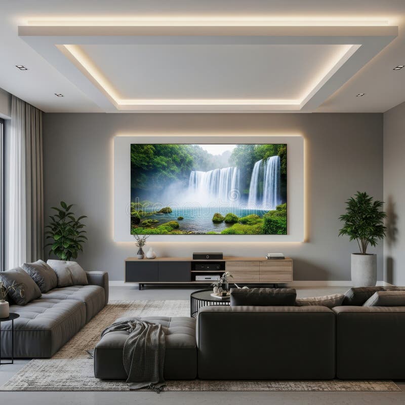 Modern Living Room with Large Waterfall Projection Display and ...