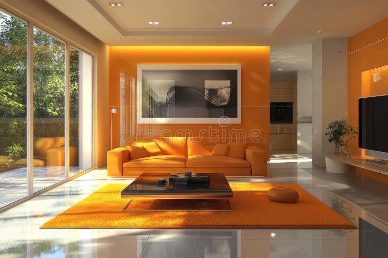 Stylish Living Room Featuring Orange Decor and Large Windows Stock ...