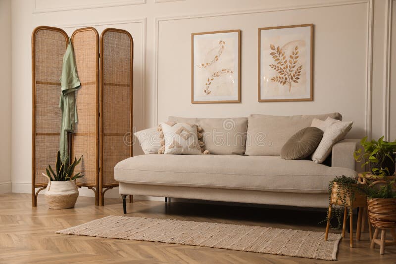 Stylish Living Room with Folding Screen and Sofa. Interior Design Stock ...