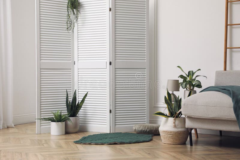 Stylish Living Room with Folding Screen and Sofa. Interior Design Stock ...