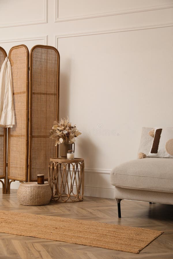 Stylish Living Room with Folding Screen and Sofa. Interior Design Stock ...