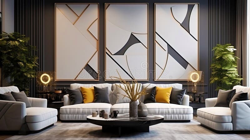 Stylish Living Room with Geometric Patterns, Contrasting Pillows and ...