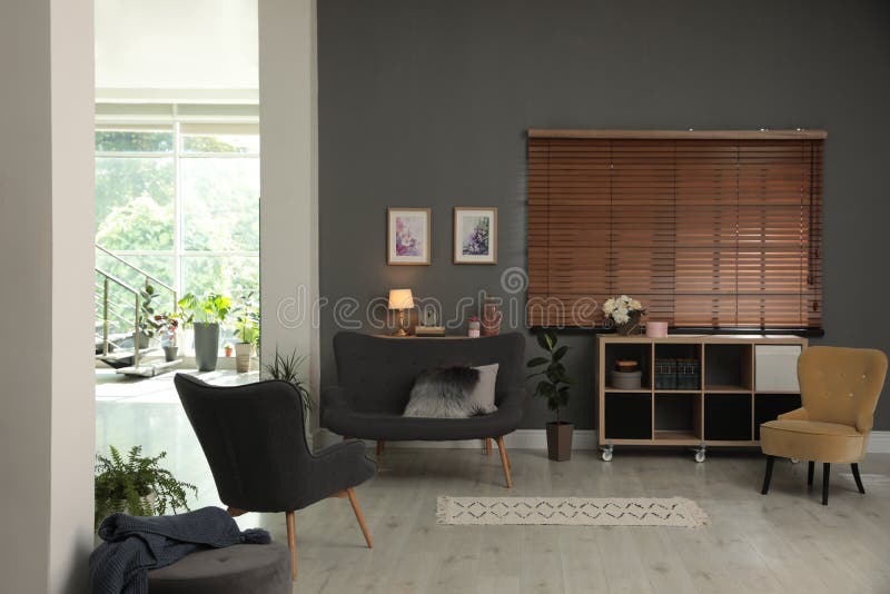 Living Room and Hall in Spacious House. Interior Design Stock Photo ...