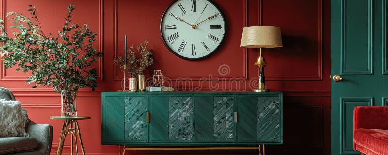 Stylish Living Room Interior with Chevron Patterned Sideboard and Wall ...