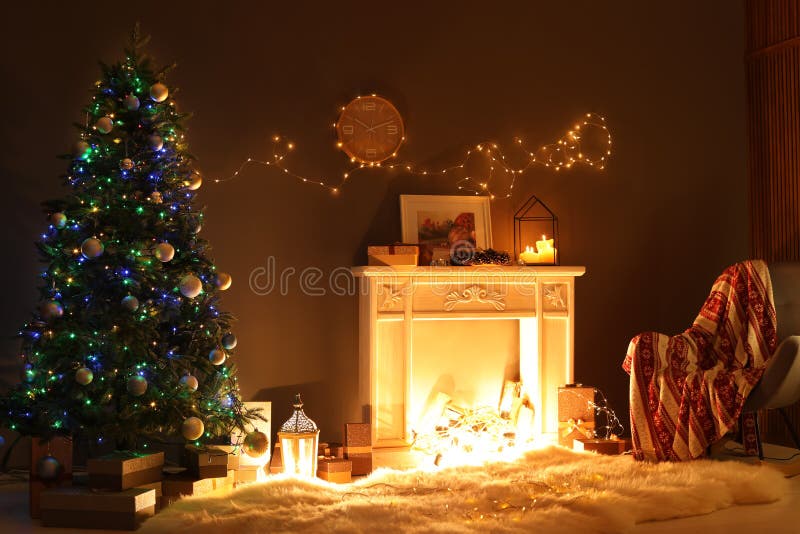 Stylish Living Room Interior with Christmas Tree Stock Photo - Image of ...