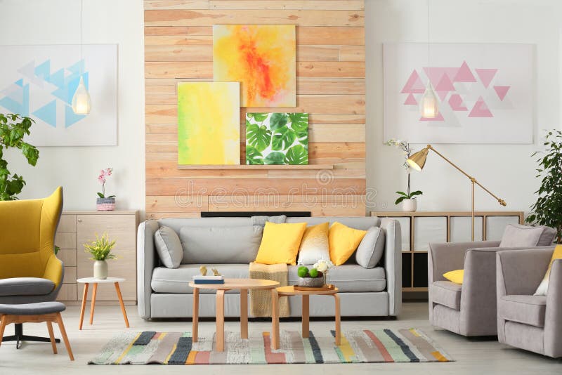 Stylish Living Room Interior with Comfortable Couch Stock Image - Image ...