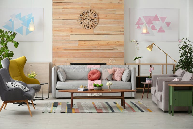 Stylish Living Room Interior with Comfortable Couch Stock Image - Image ...