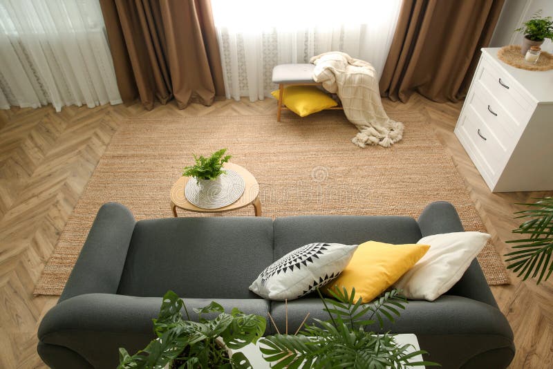 Stylish Living Room Interior with Comfortable Sofa, Above View Stock ...