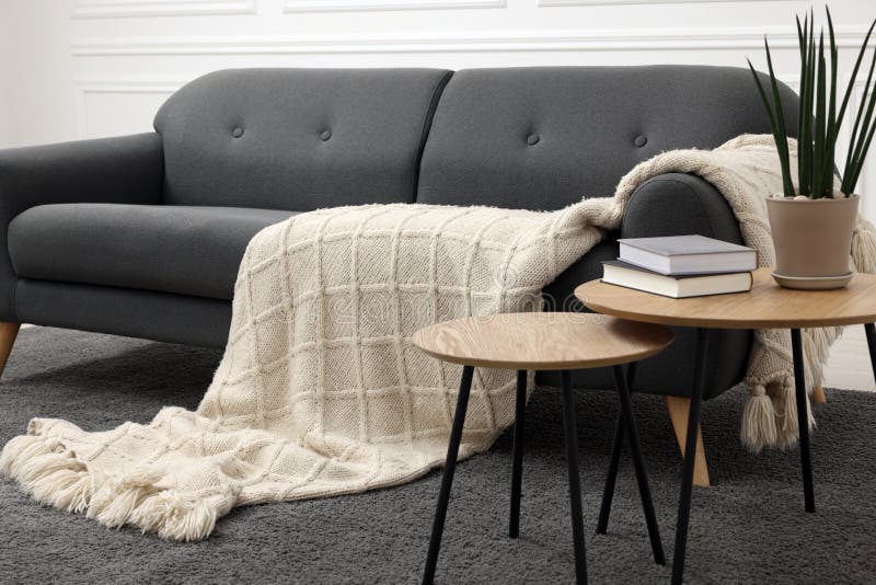 Stylish Living Room Interior with Comfortable Sofa, Blanket and Nesting ...