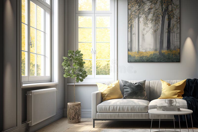 Stylish Living Room Interior with Comfortable Sofa Near Window Stock ...