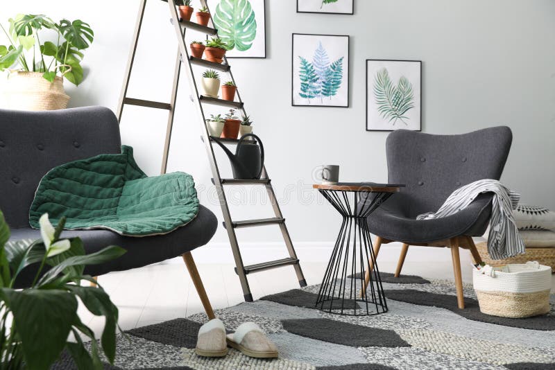 Stylish Living Room with Decorative Ladder Stock Image - Image of ...