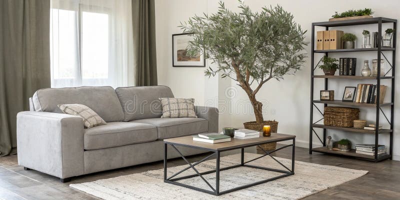 Stylish Living Room Interior with Grey Sofa and Olive Tree Stock ...