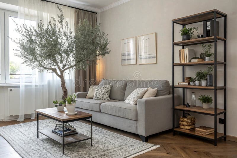 Stylish Living Room Interior with Grey Sofa and Olive Tree Stock ...