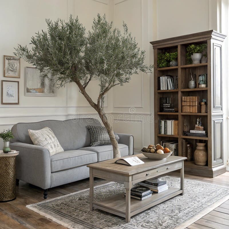 Stylish Living Room Interior with Grey Sofa and Olive Tree Stock ...