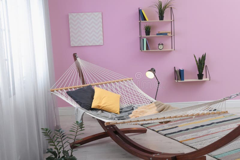 Stylish Living Room Interior with Hammock Stock Photo - Image of home ...