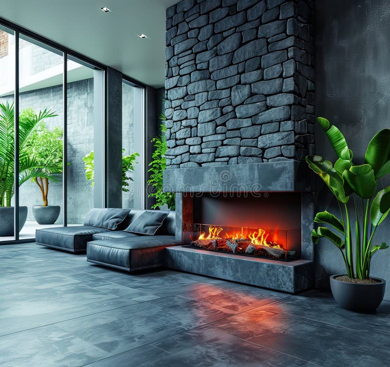 Stylish Living Room with Stone Fireplace and Panoramic Windows Stock ...