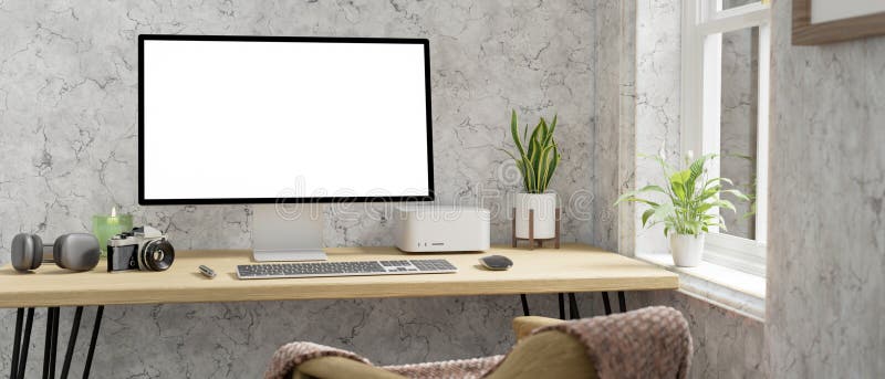 Stylish Loft Working Space Interior Design with PC Desktop Computer ...