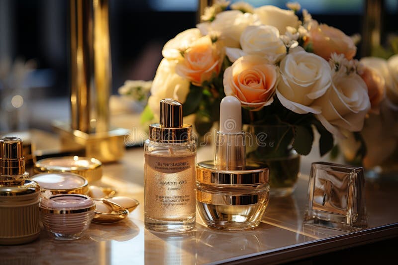 Stylish Makeup Vanity Setup with Cosmetics, Soft Lighting, and Cozy ...