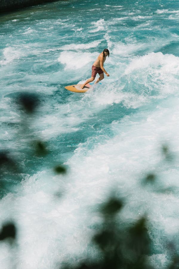 Stylish Male Surfer Board Moves Along Wave Stock Image - Image of male ...