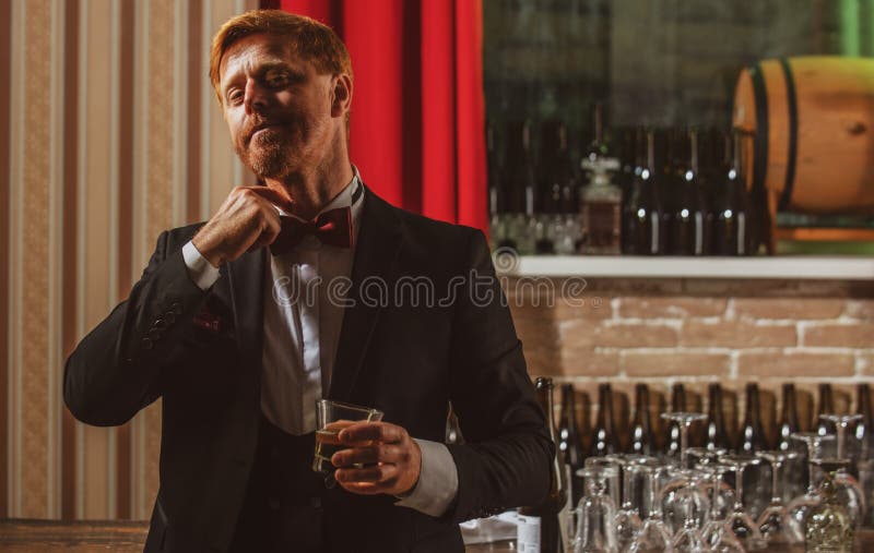 Stylish Man Drinking Whiskey. Alcohol at Bar. Man at Pub. Stock Image ...