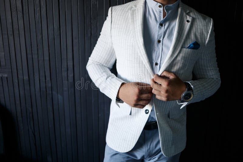 Stylish Man Groom Buttoning a Stock Image - Image of male, happy: 348539081