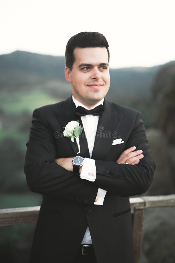 Stylish Man, Groom Posing on the Background of Mountains Stock Photo ...