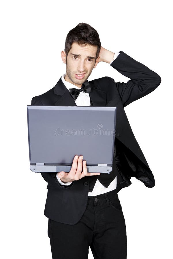 Stylish Man Looking Confused and Holding Laptop Stock Image - Image of ...