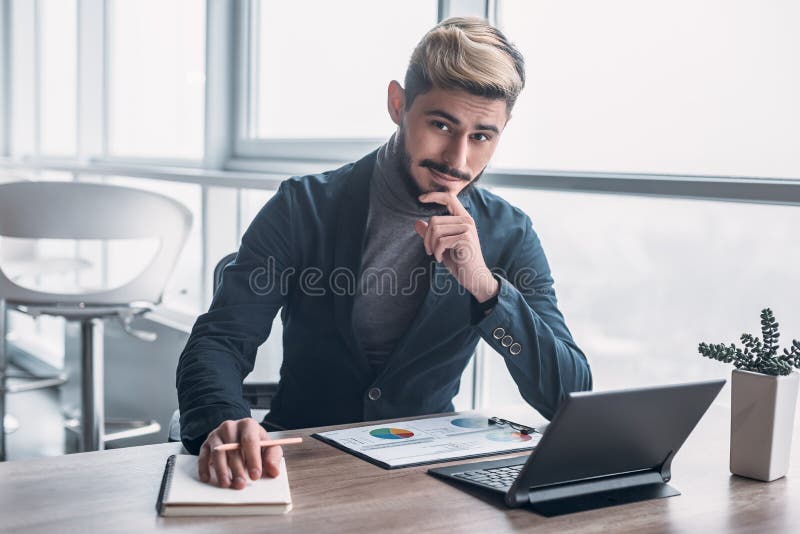 Stylish Man Working at Computer in Modern Office Stock Image - Image of ...