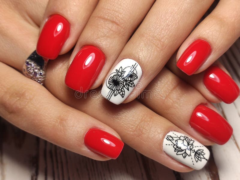 Stylish Manicure with a Design on Beautiful Hands Stock Image - Image ...