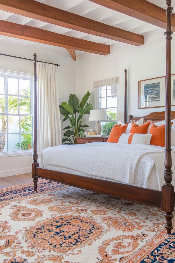 Stylish Master Bedroom Featuring a Dark Wood Four-Poster Bed Stock ...