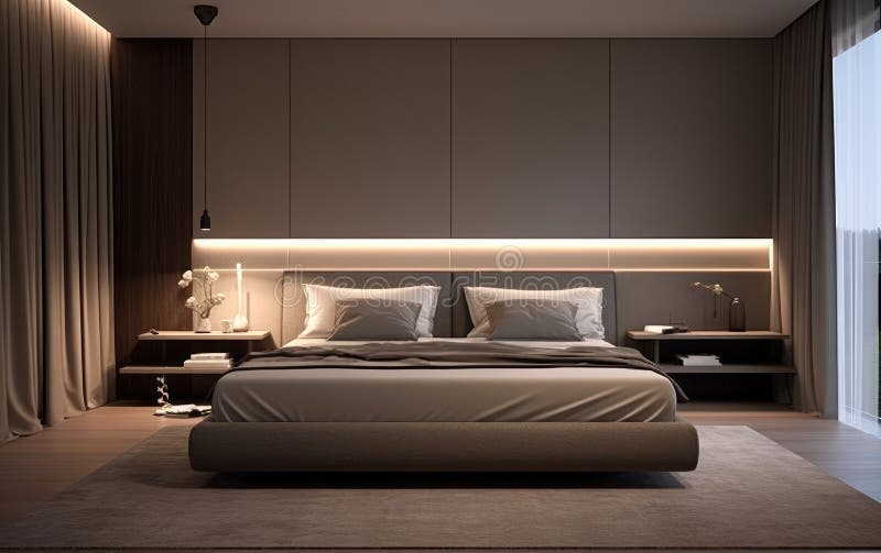 Stylish Master Bedroom Interior with Light Walls, Comfortable Double ...